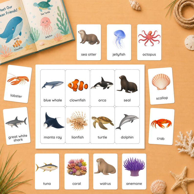 Ocean Animals Flashcards, Marine Montessori 3 Part Cards, Printable ...