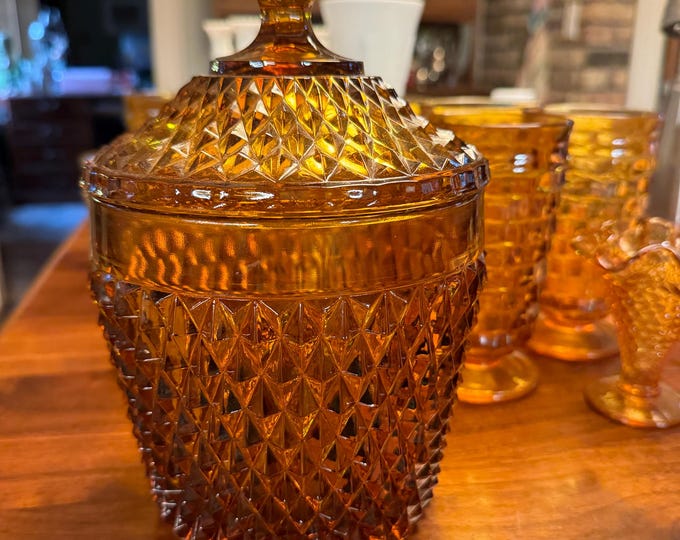 Vintage Indiana Glass Amber Diamond Point Candy Jar - Mid Century ...