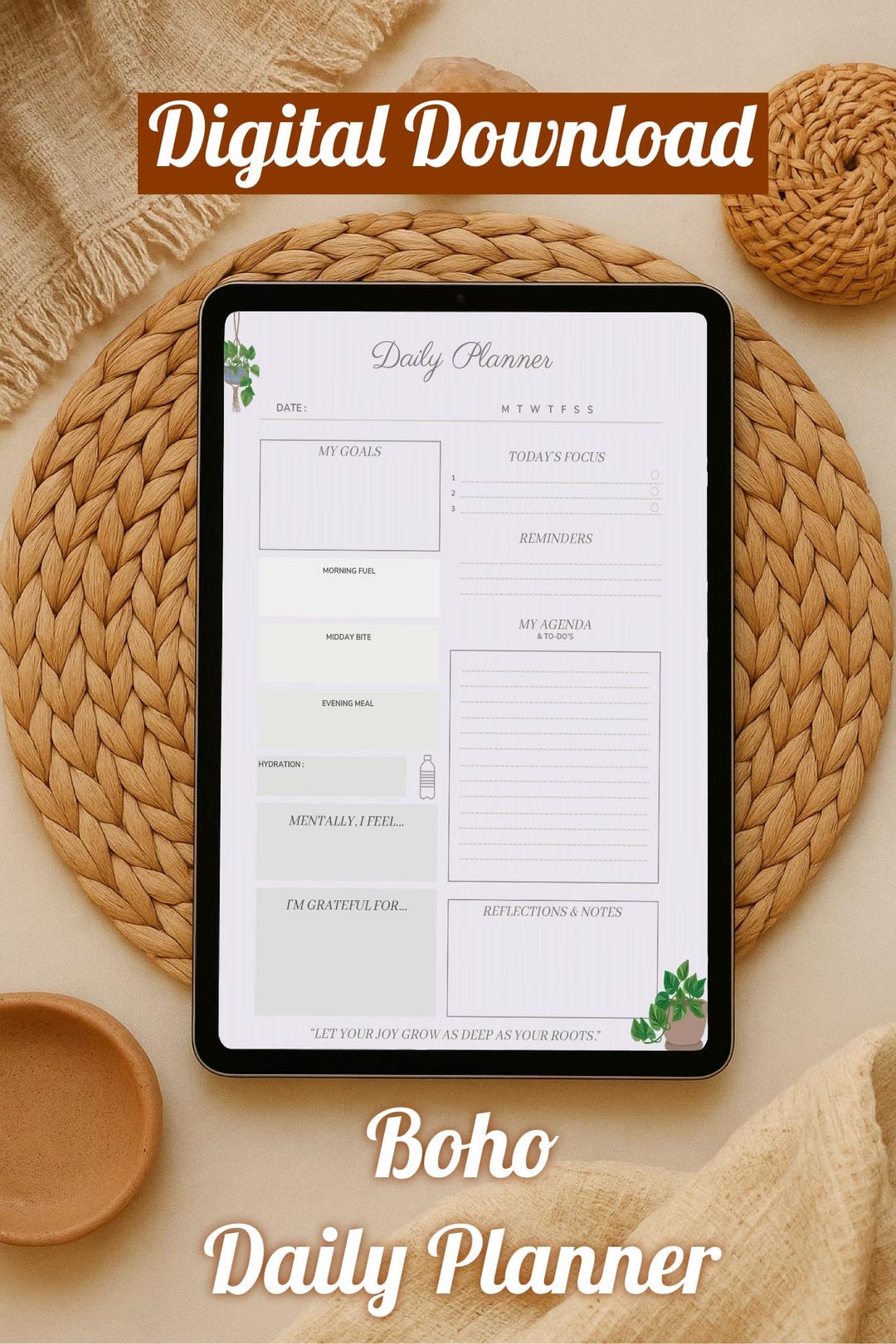 Boho Plant Daily Planner: Printable Undated Organizer (PDF Download) - Etsy