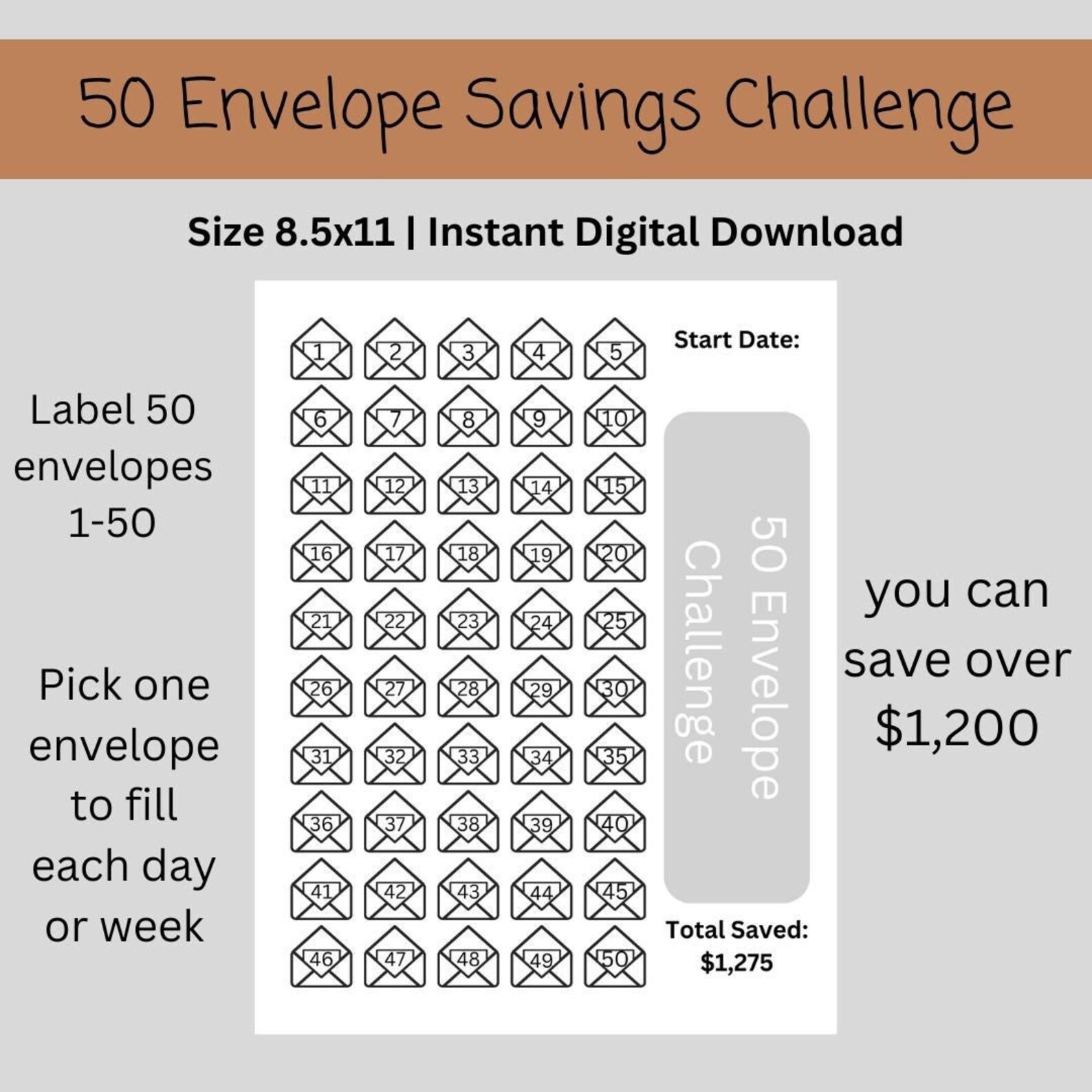 50 Envelope Savings Challenge Printable - Etsy