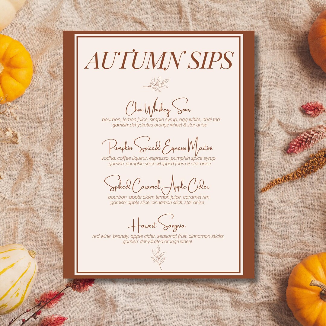 Autumn Cocktail Menu Template: Editable Sips Bar Sign (digital Download ...