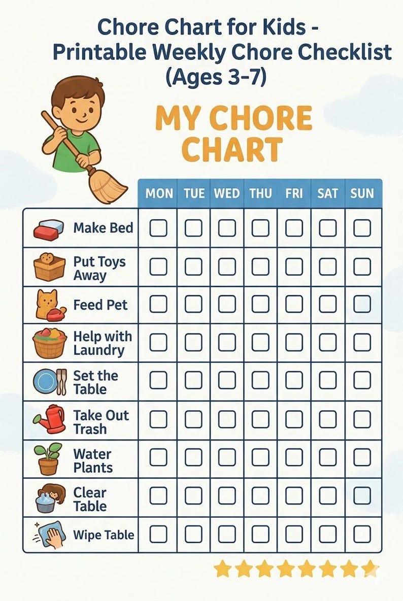 Printable Chore Chart for Kids, Weekly Task Checklist for Toddlers ...