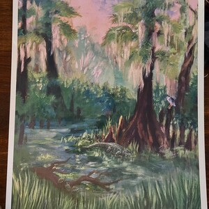 Twilight in the Swamp Art Print Alligator Night Heron Turtle Painting ...