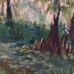 Twilight in the Swamp Art Print Alligator Night Heron Turtle Painting ...