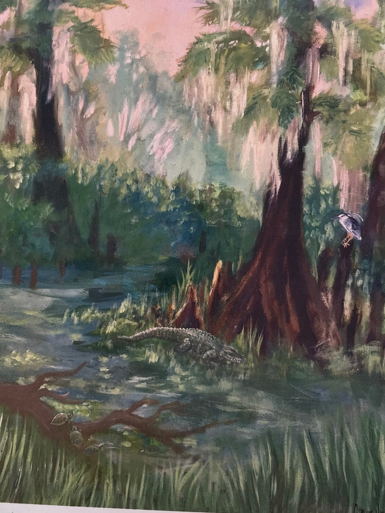 Twilight in the Swamp Art Print Alligator Night Heron Turtle - Etsy