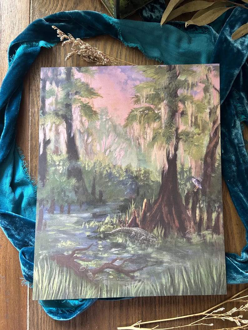 Twilight Swamp Art Print: Alligator, Heron & Cypress Tree Painting - Etsy