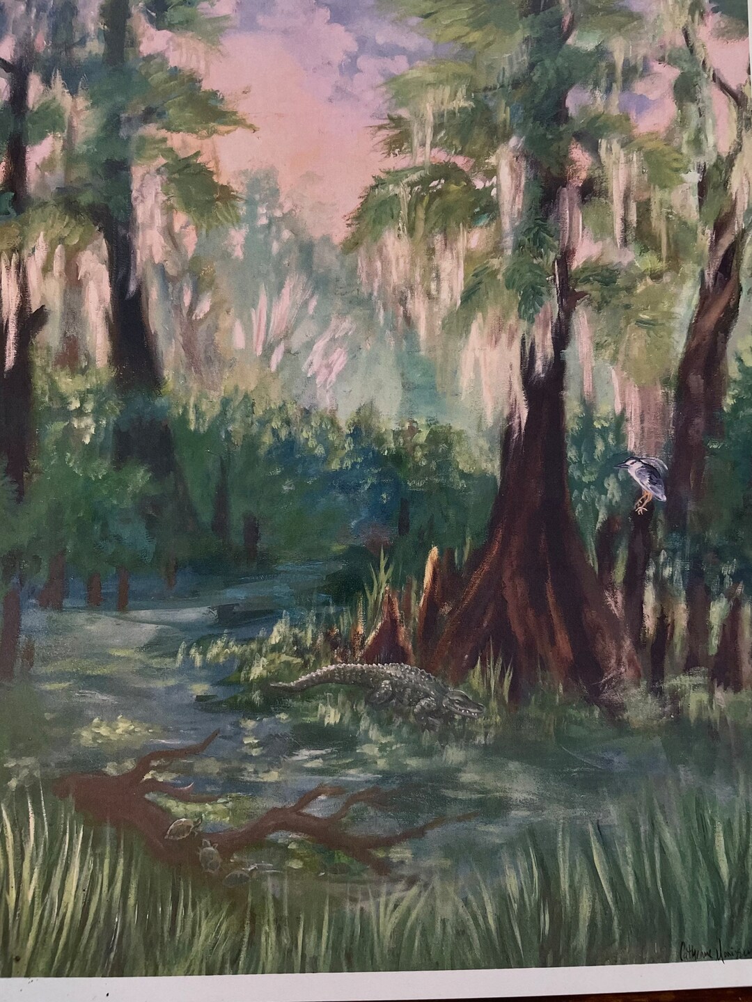 Twilight in the Swamp Art Print Alligator Night Heron Turtle Painting ...