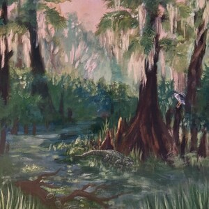 Twilight in the Swamp Art Print Alligator Night Heron Turtle Painting ...