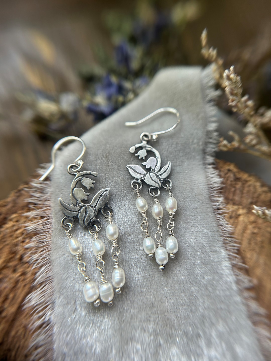 Lily of the Valley Earrings: Sterling Silver Pearl Chandelier Floral ...