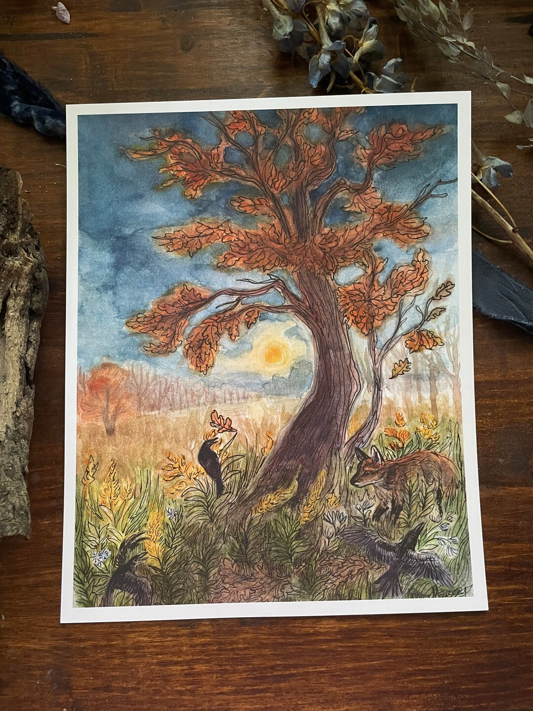 Art Print and Crows Under the Harvest Moon Watercolor Painting ...
