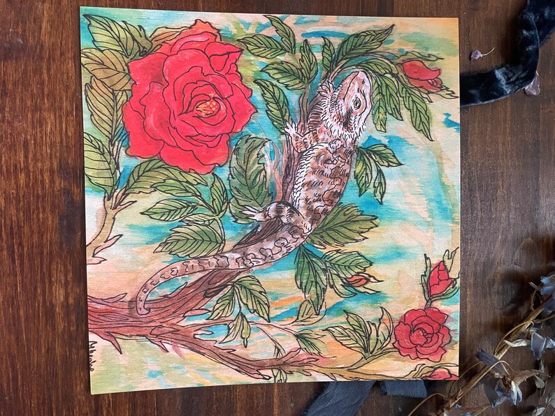 Art Print of Bearded Dragon Lizard and Roses Exotic Animal - Etsy