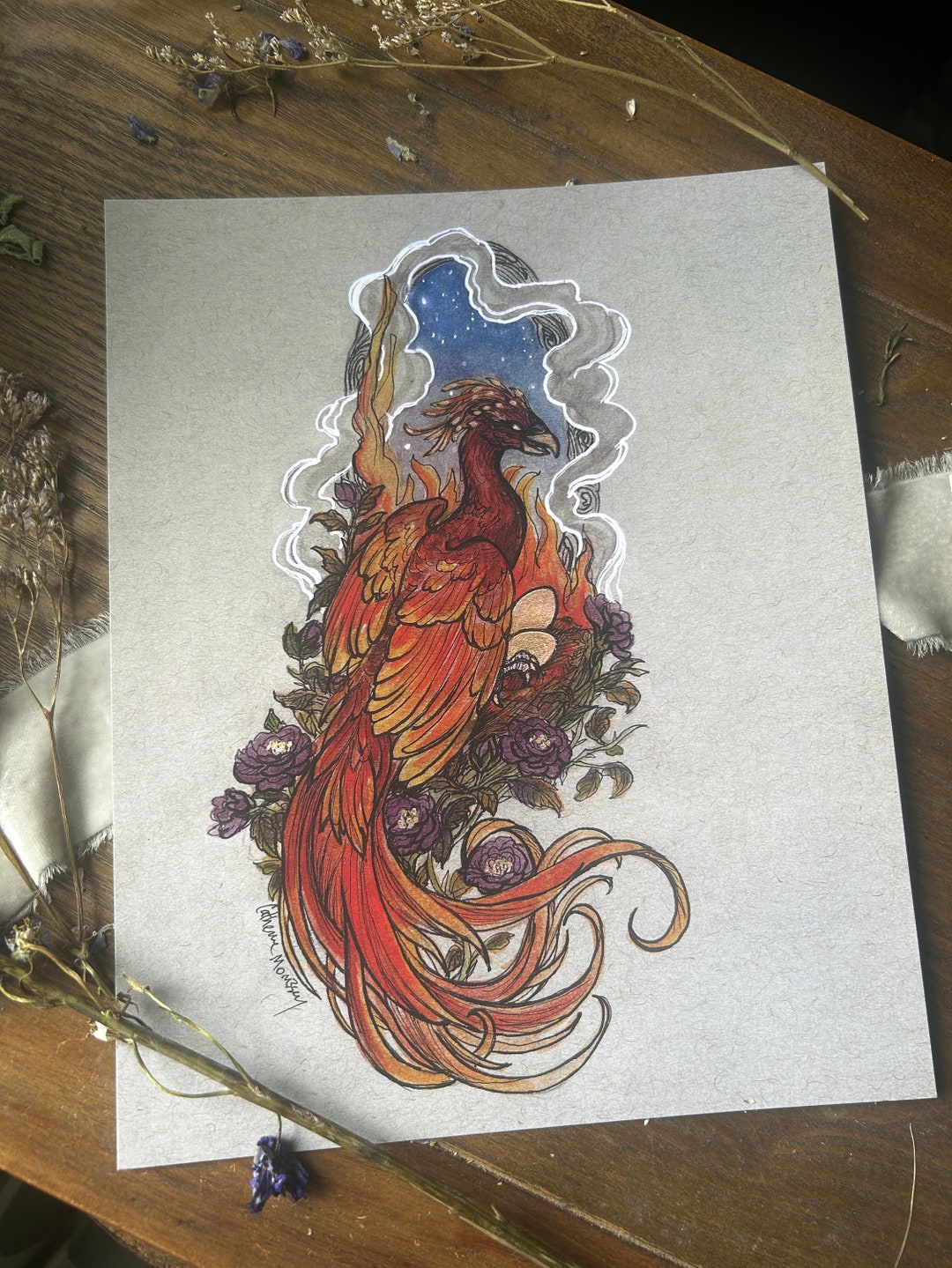 Phoenix Art Print: Hand-painted Gold Ink, Purple Roses (5x7/8x10) - Etsy