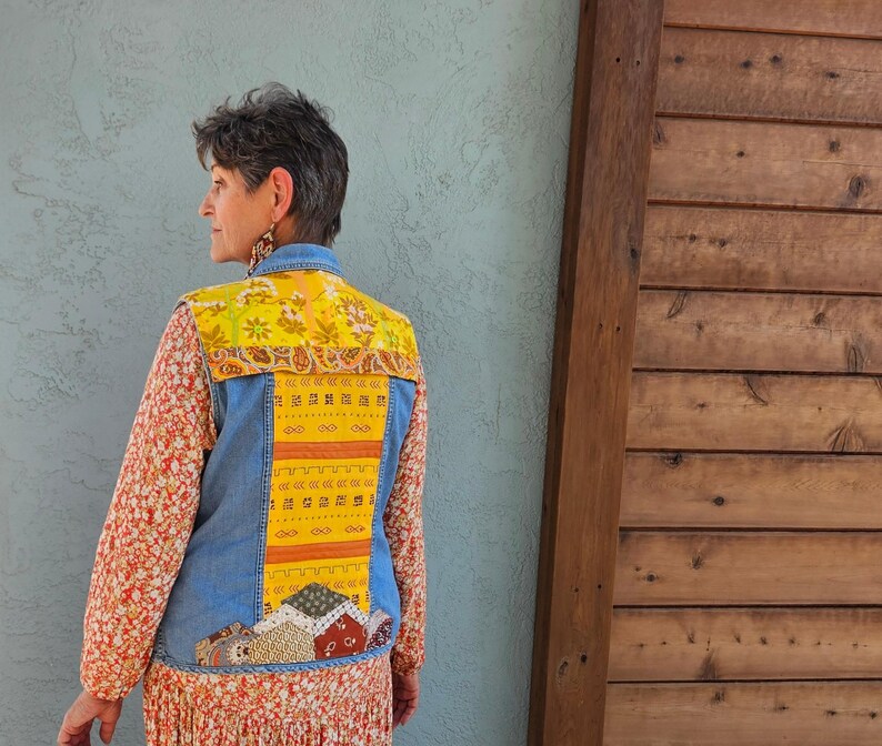 CAROLINE - Vintage Patchwork Denim Vest With Embroidery Work - Etsy