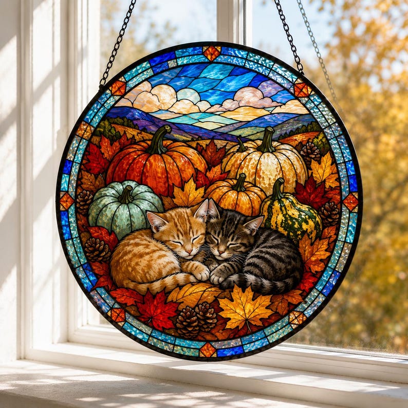 Sleeping Kittens Fall Suncatcher, Stained Glass Pumpkin Autumn Decor - Etsy