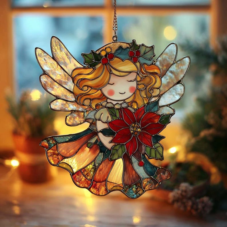 Handmade Christmas Angel Suncatcher, Faux Stained Glass Window Hanging ...
