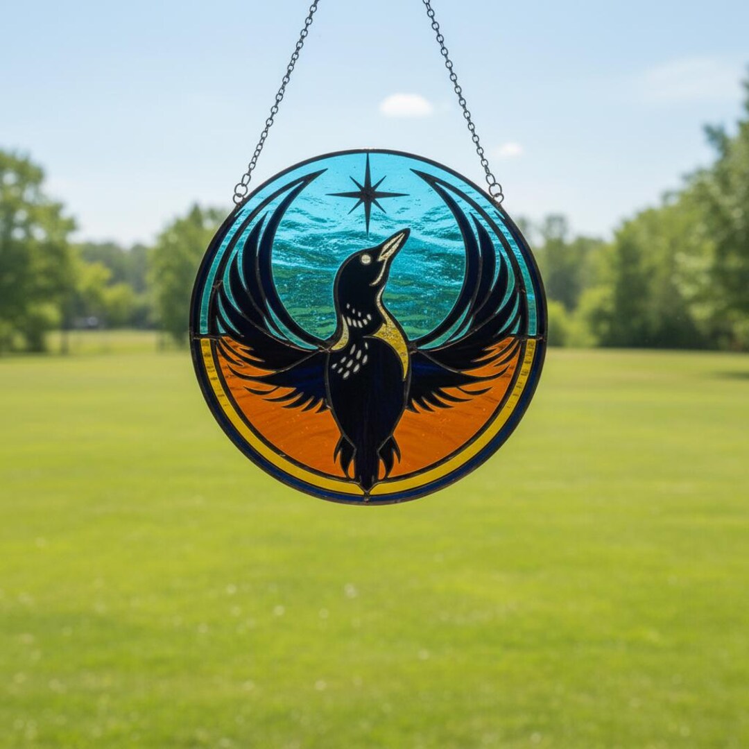 Common Loon Stained Glass Suncatcher, North Star Bird Window Hanging ...