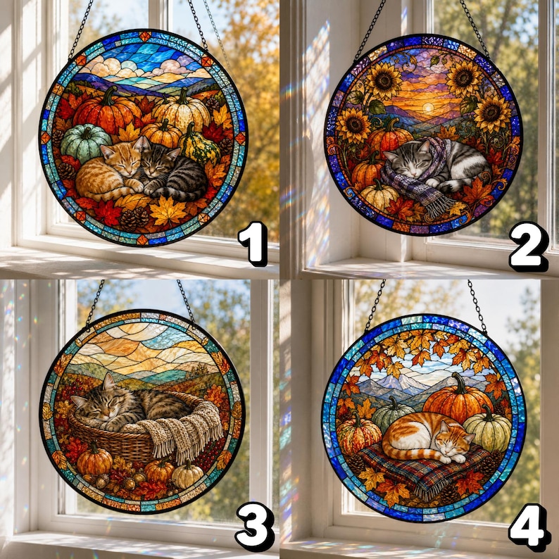 Sleeping Kittens Fall Suncatcher, Stained Glass Pumpkin Autumn Decor - Etsy