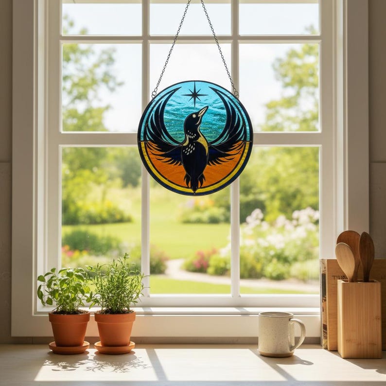 Common Loon Stained Glass Suncatcher, North Star Bird Window Hanging ...