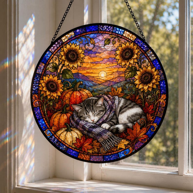 Sleeping Kittens Fall Suncatcher, Stained Glass Pumpkin Autumn Decor - Etsy