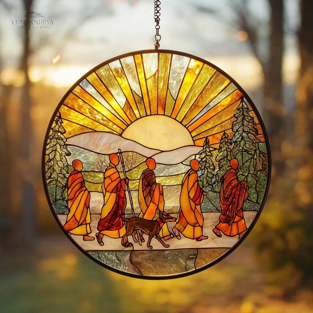 Buddhist Stained Glass Suncatcher, Monks Walking at Sunrise Zen ...