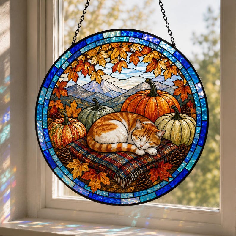 Sleeping Kittens Fall Suncatcher, Stained Glass Pumpkin Autumn Decor - Etsy
