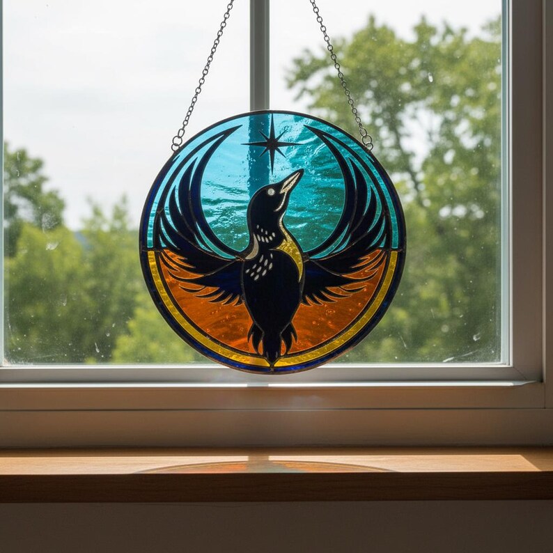 Common Loon Stained Glass Suncatcher, North Star Bird Window Hanging ...