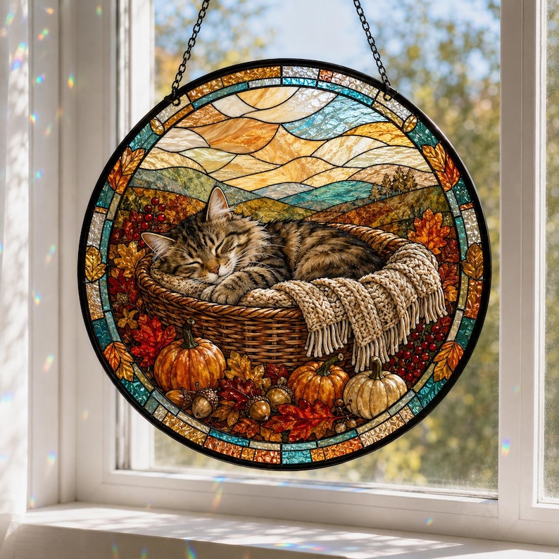 Sleeping Kittens Fall Suncatcher, Stained Glass Pumpkin Autumn Decor - Etsy