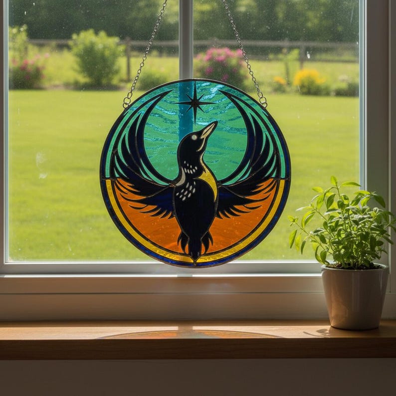 Common Loon Stained Glass Suncatcher, North Star Bird Window Hanging ...
