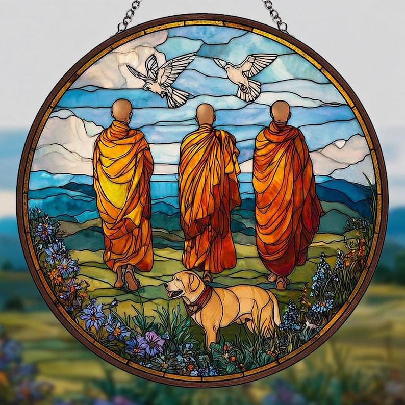 Buddhist Monks Stained Glass Suncatcher, Zen Peace Window Hanging ...