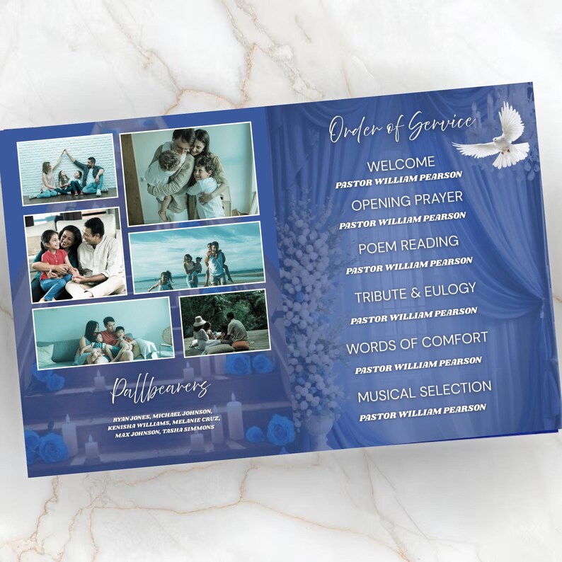 Blue Funeral Program Template, Bi-fold Obituary, Celebration of Life ...