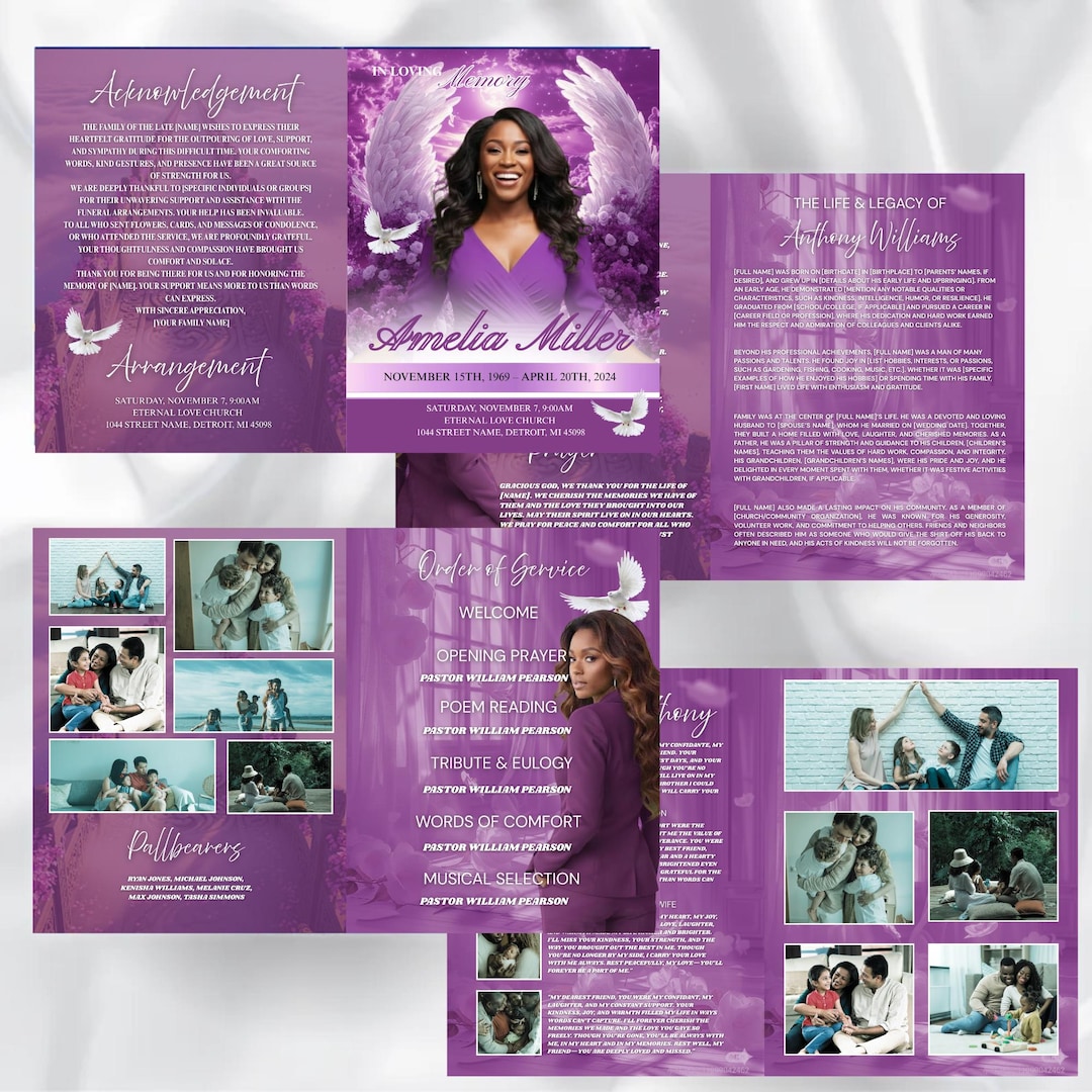 08 Purple Flowers Funeral Program Template, Canva Editable Memorial ...