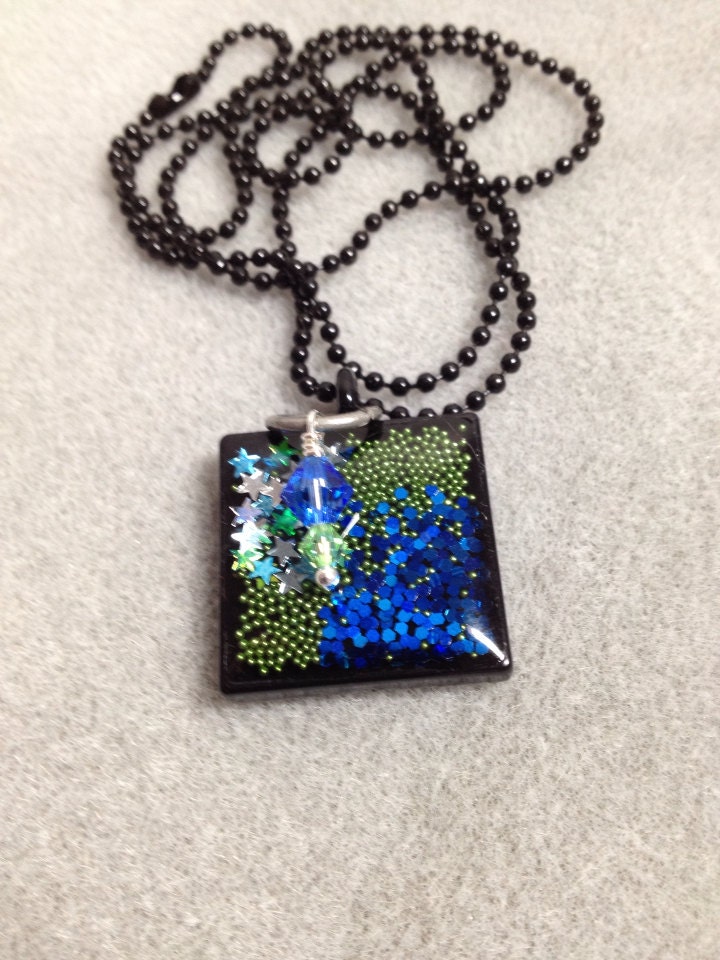 Blue and Green and Stars Glitter Resin Pendant - Etsy