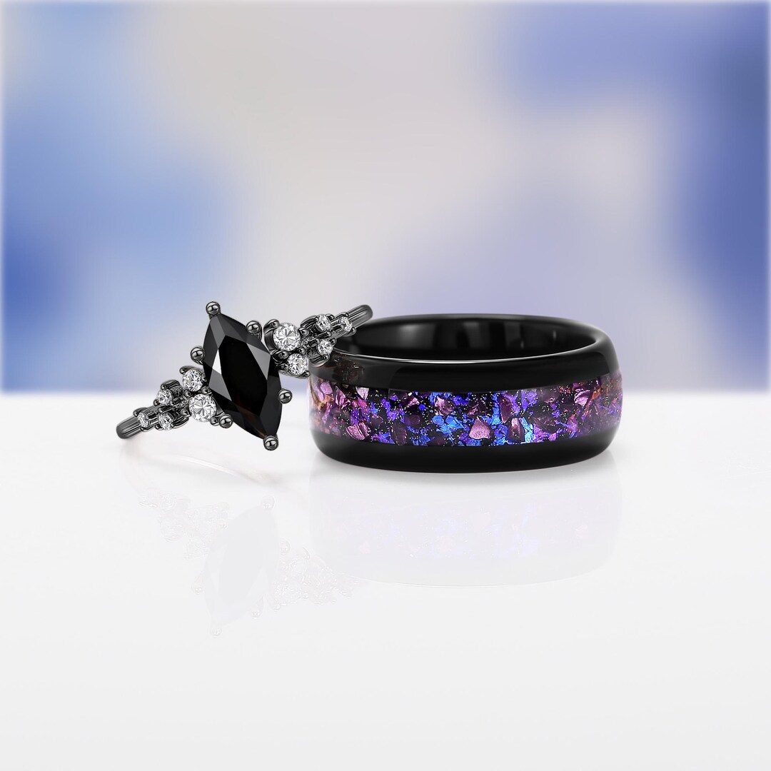 Orion Nebula Ring Set, His and Hers Wedding Band, Marquise Black Onyx ...