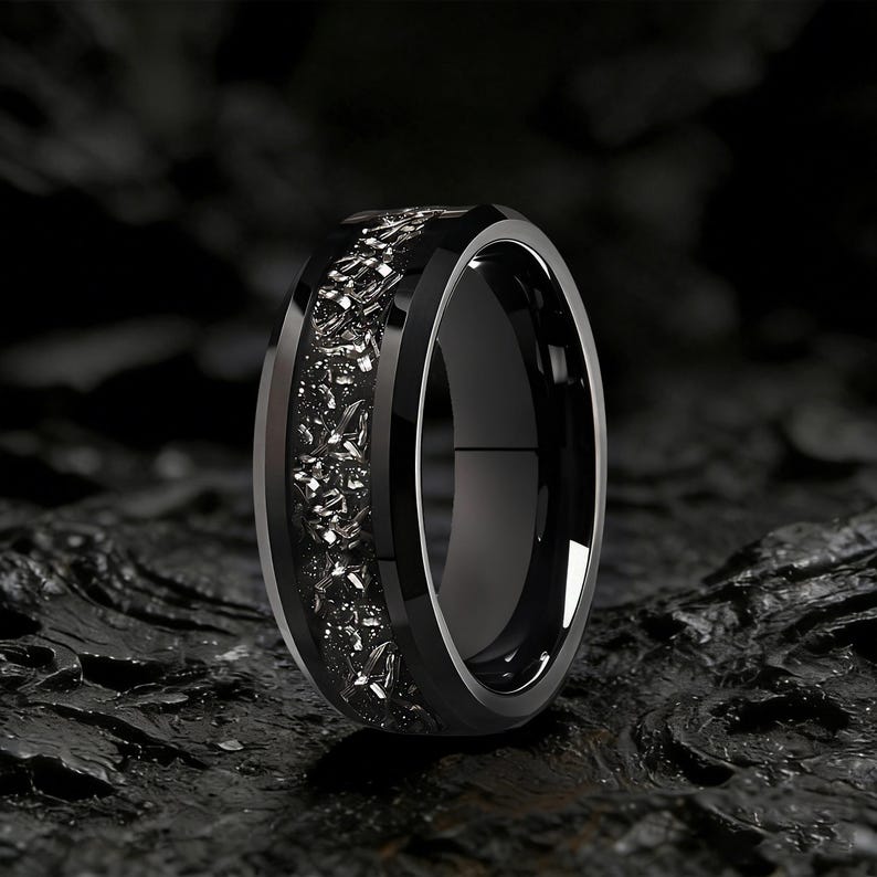 Black Obsidian Meteorite Tungsten Wedding Band, Galaxy Ring - Etsy