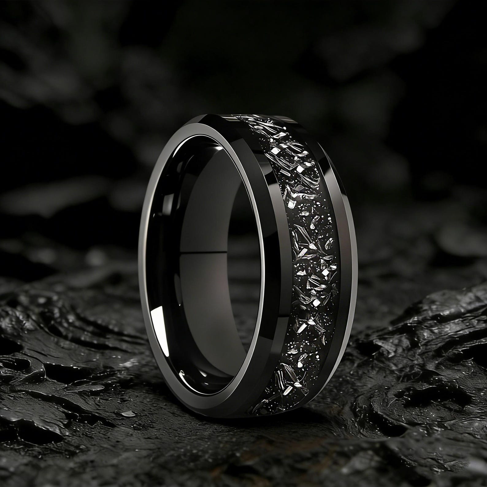 Black Obsidian Meteorite Tungsten Wedding Band, Galaxy Ring - Etsy