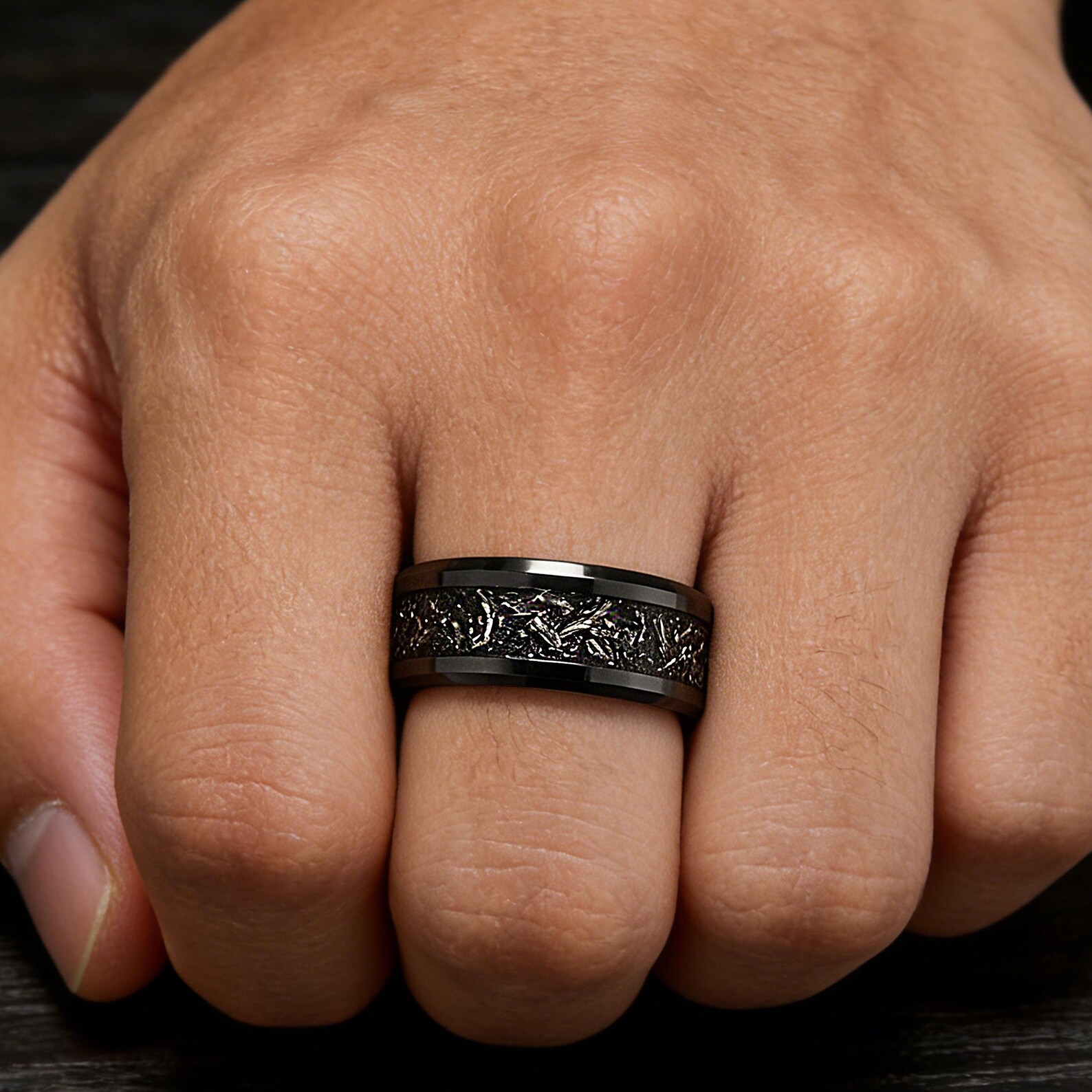 Black Obsidian Meteorite Tungsten Wedding Band, Galaxy Ring - Etsy