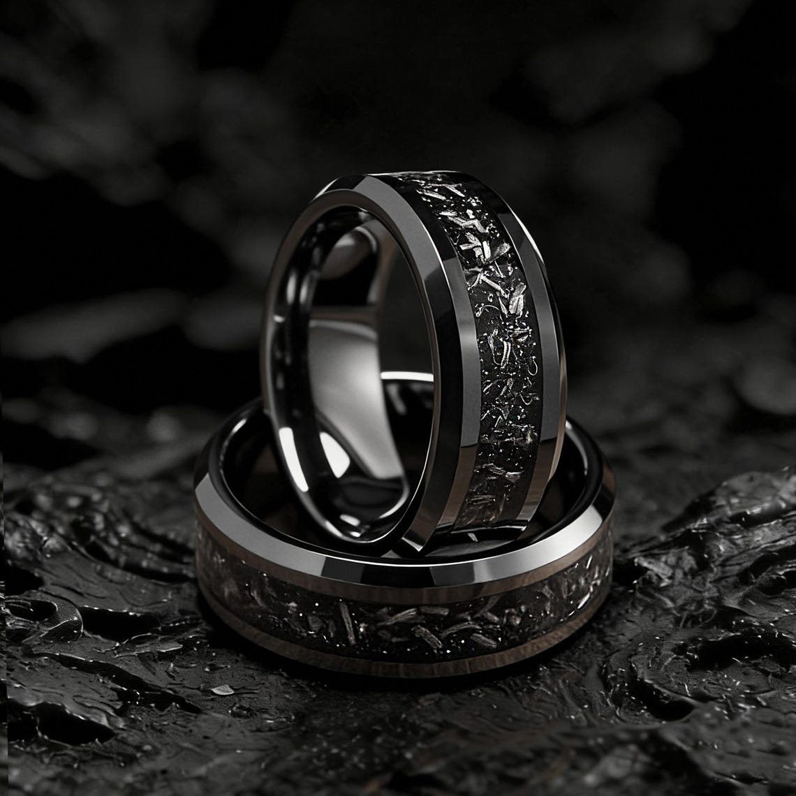 Black Obsidian Meteorite Tungsten Wedding Band, Galaxy Ring - Etsy