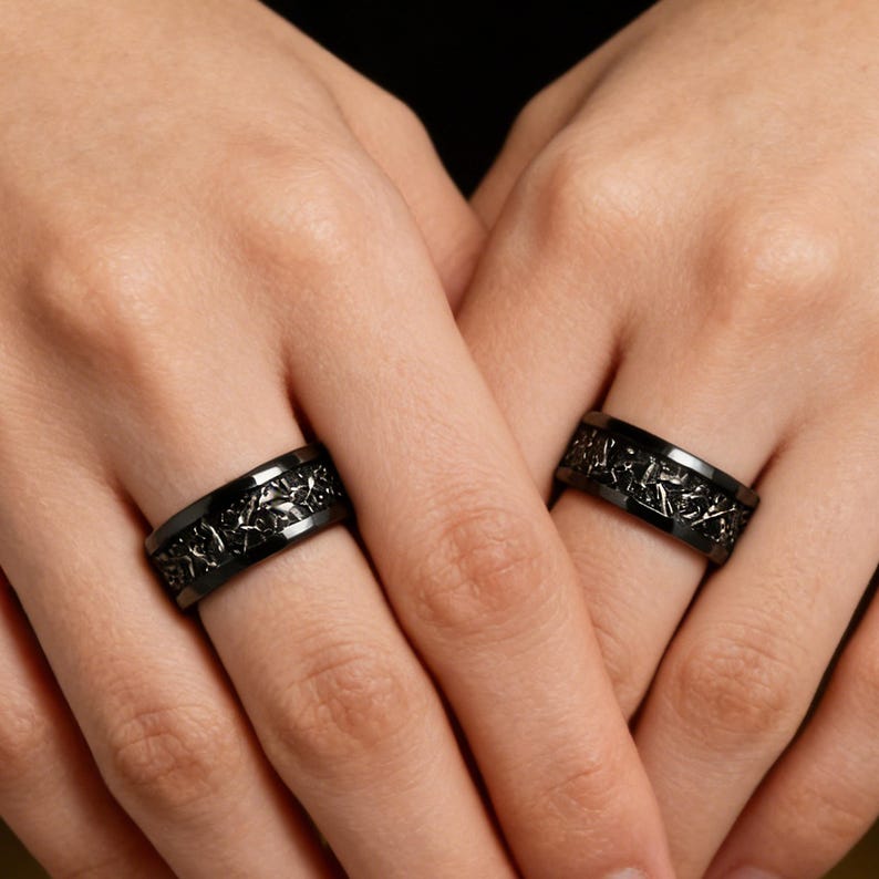 Black Obsidian Meteorite Tungsten Wedding Band, Galaxy Ring - Etsy