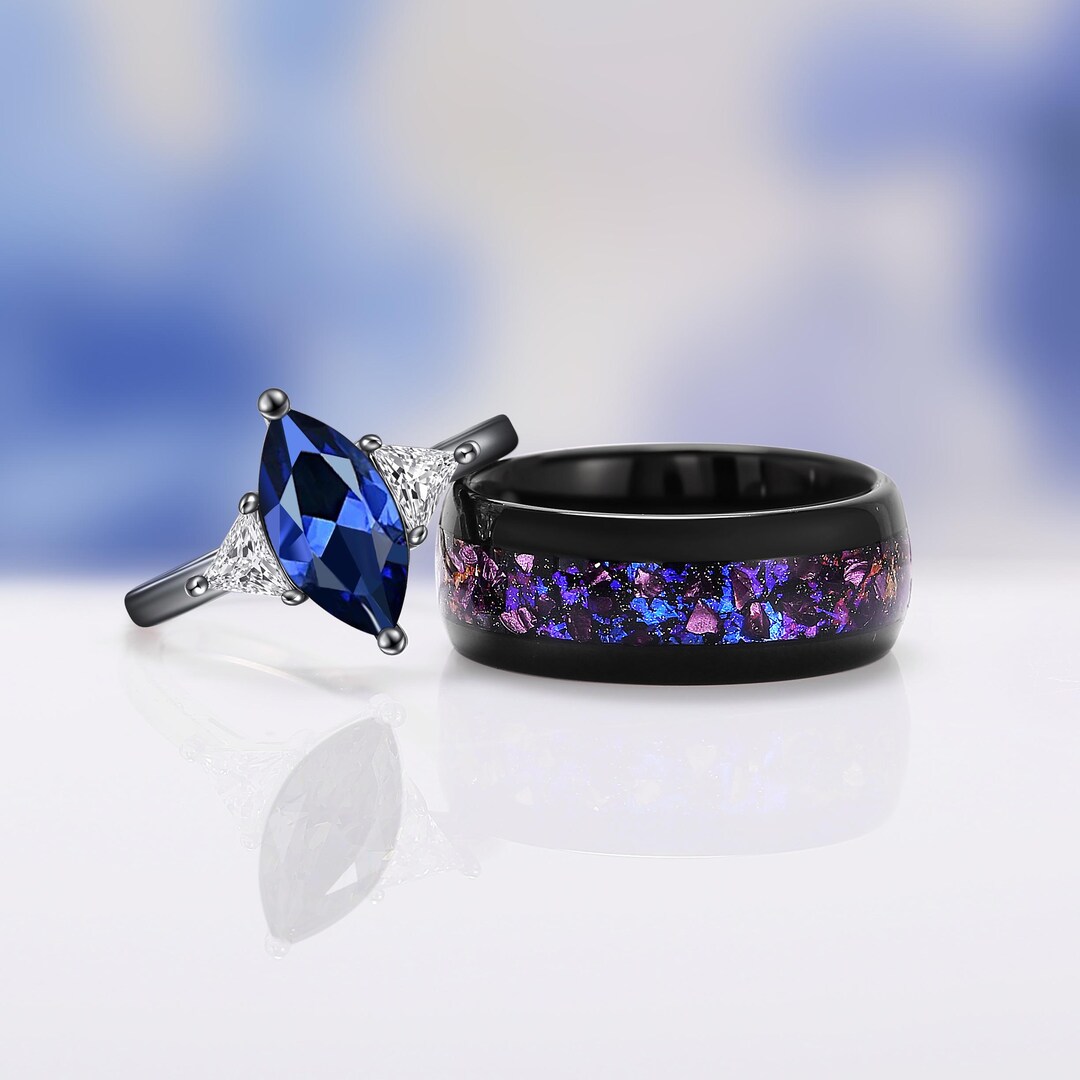 Orion Nebula Ring Set, His and Hers Wedding Band, Marquise Sapphire ...
