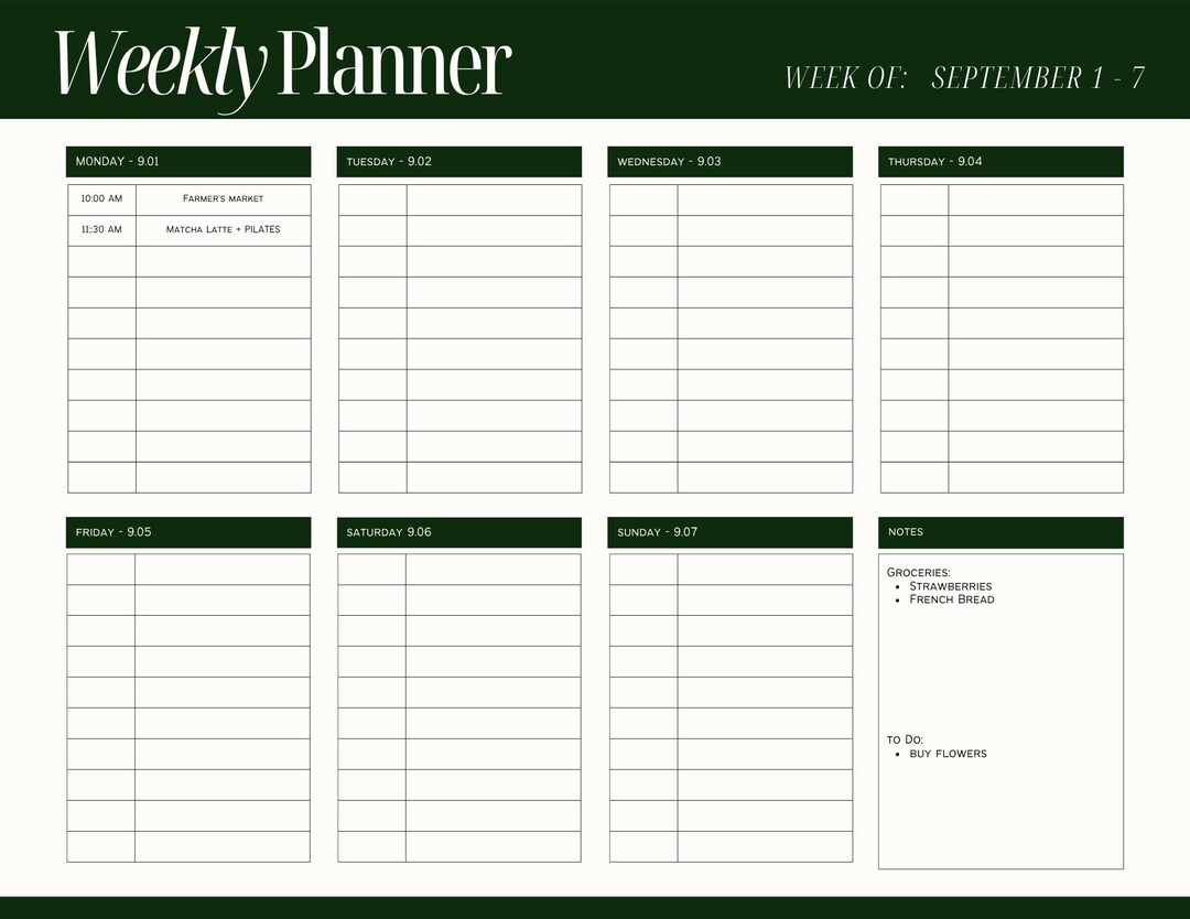 Editable Weekly Planner - Template | Forest Green - Etsy