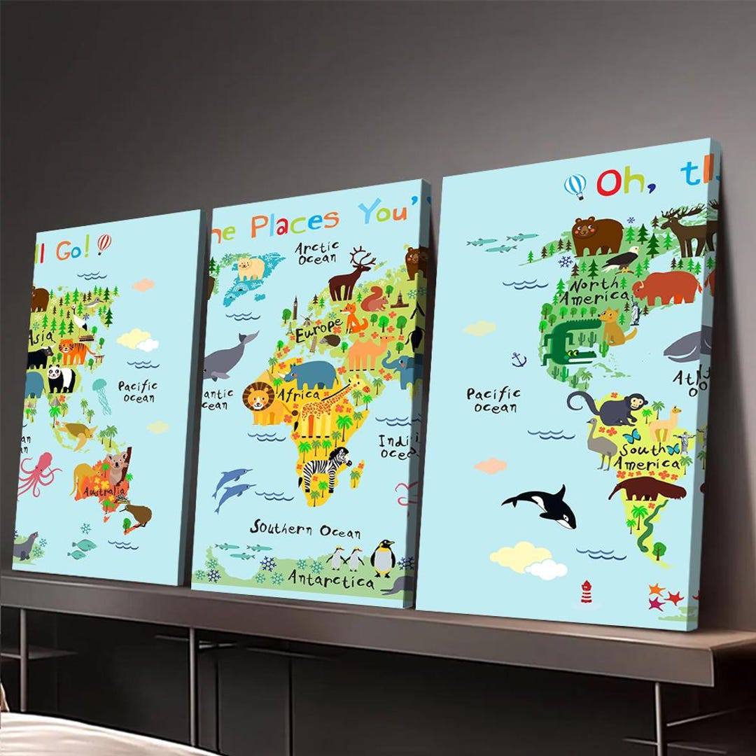 3 Panel Kids World Map Canvas — Animal Educational Wall Art, Fun ...