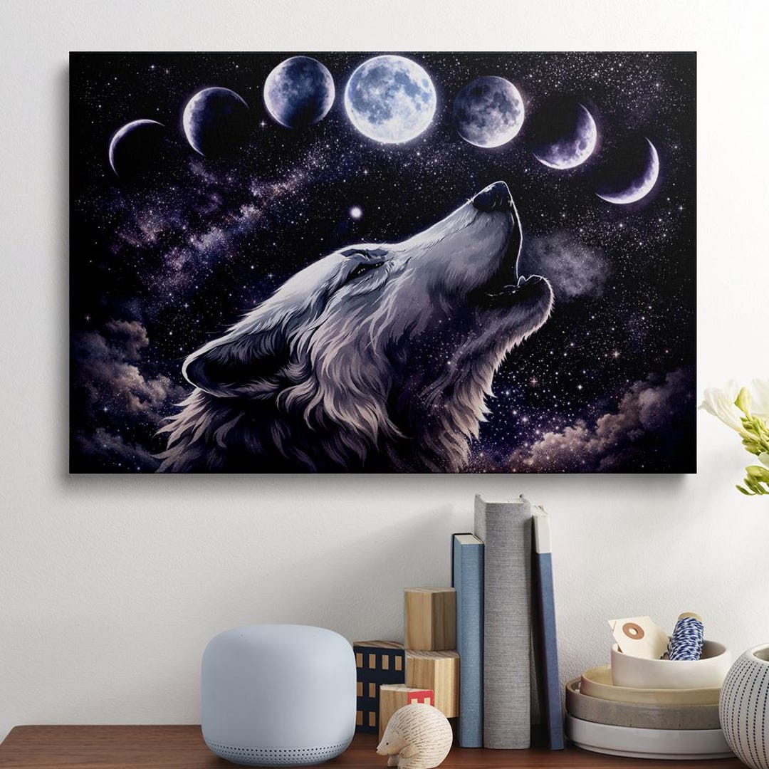 White Wolf Moon Phases Wall Art, Fantasy Night Sky Animal Decor ...