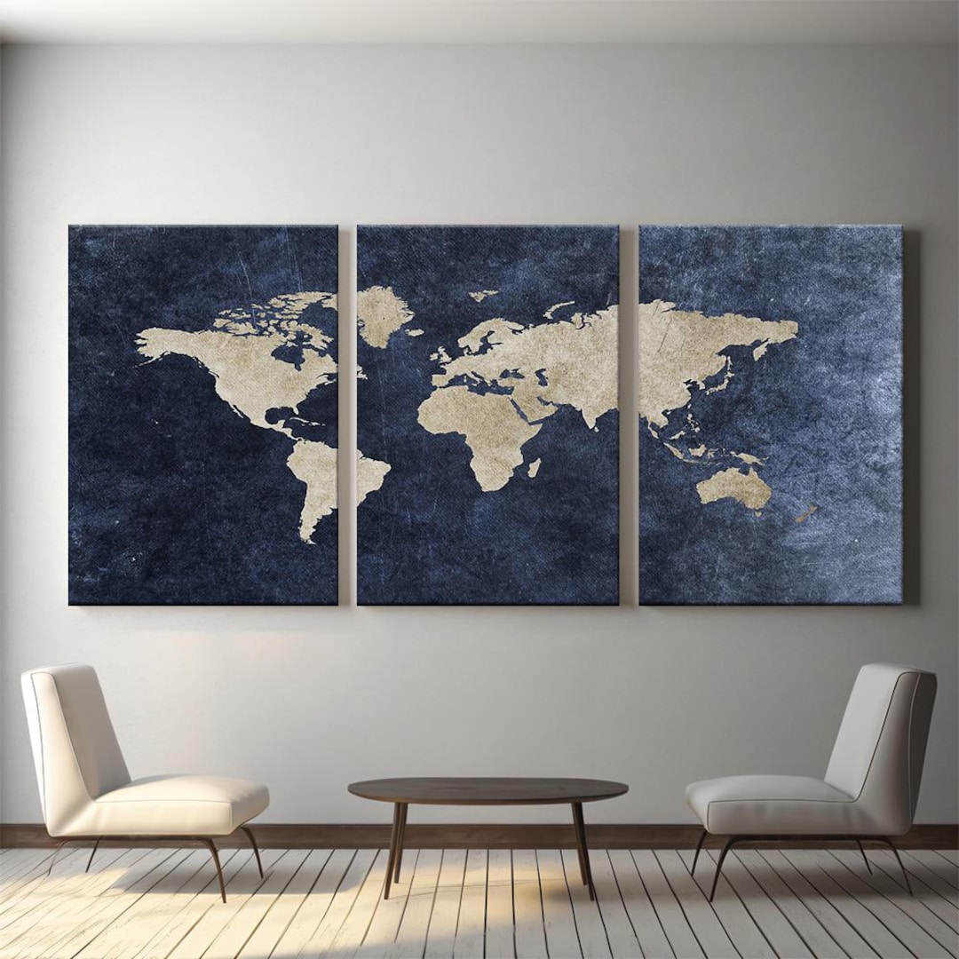 3 Panel World Map Canvas Wall Art — Navy Blue Map Print, Rustic ...