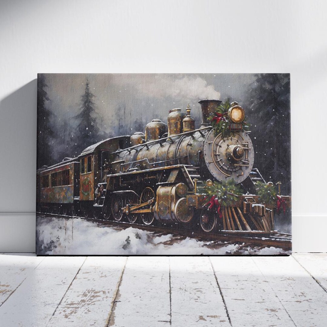 Vintage Christmas Train Wall Art – Rustic Steam Engine Canvas Print ...