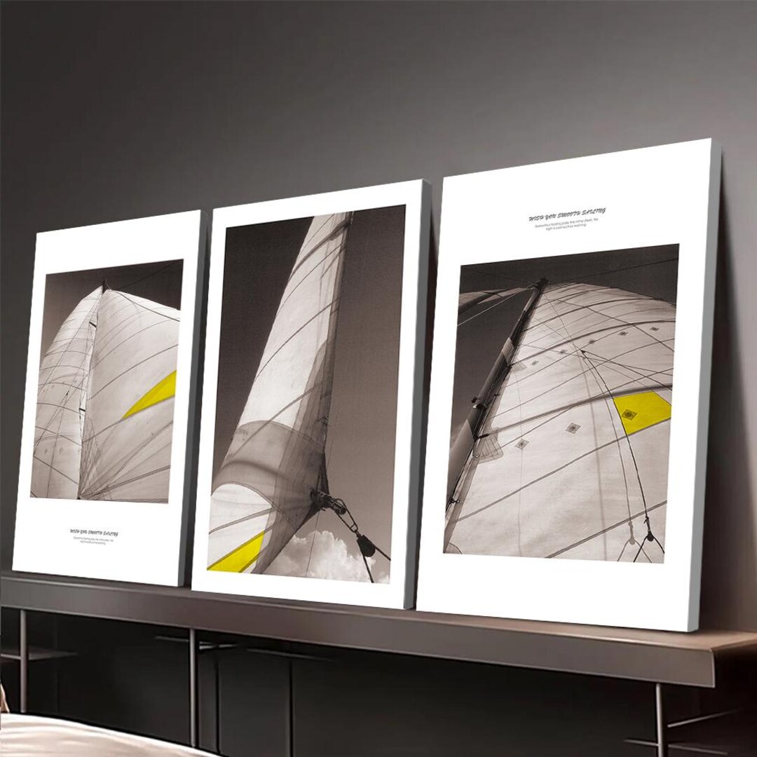 3 Panel Sailing Boat Sail Wall Art Set, Nautical Black White Yellow ...