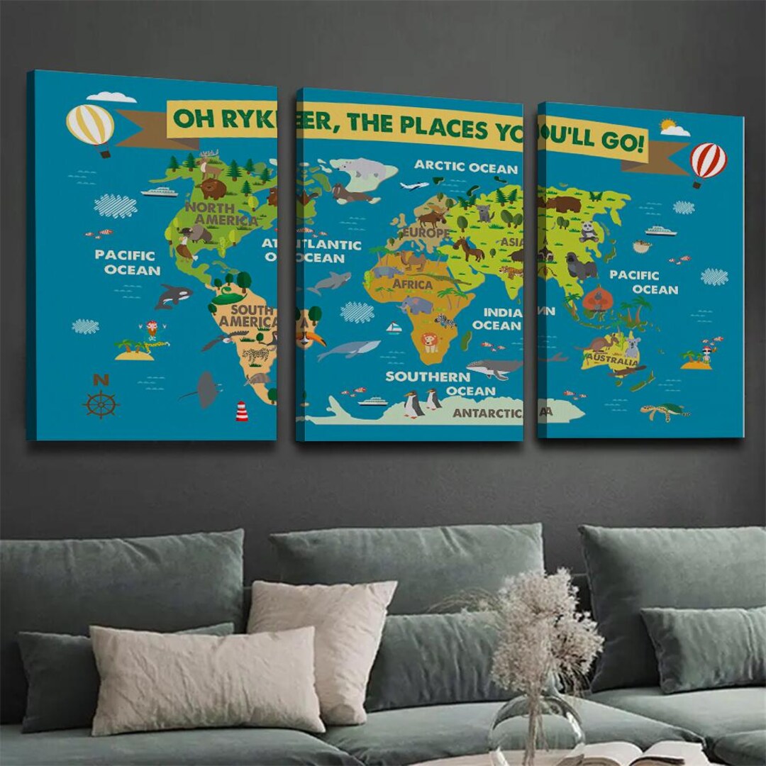 3 Panel Kids World Map Canvas Wall Art — Custom Name Educational Map ...