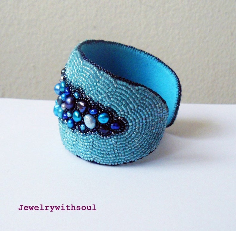 Bead Embroidery Cuff Bracelet Blue Freshwater Pearl Cuff - Etsy