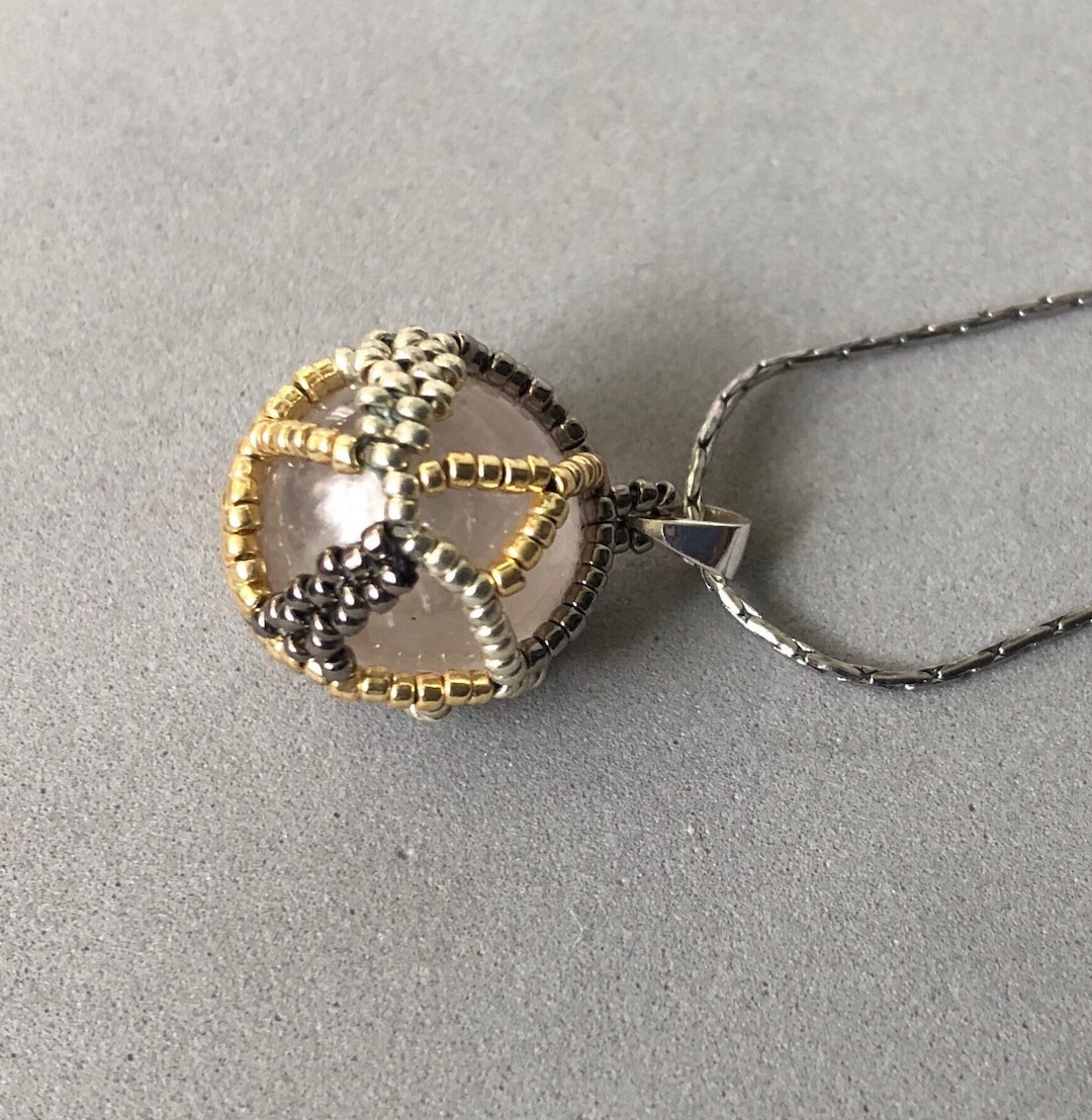 Crystal Cage Necklace, Beaded Rose Quartz Ball Pendant, Crystal Holder ...