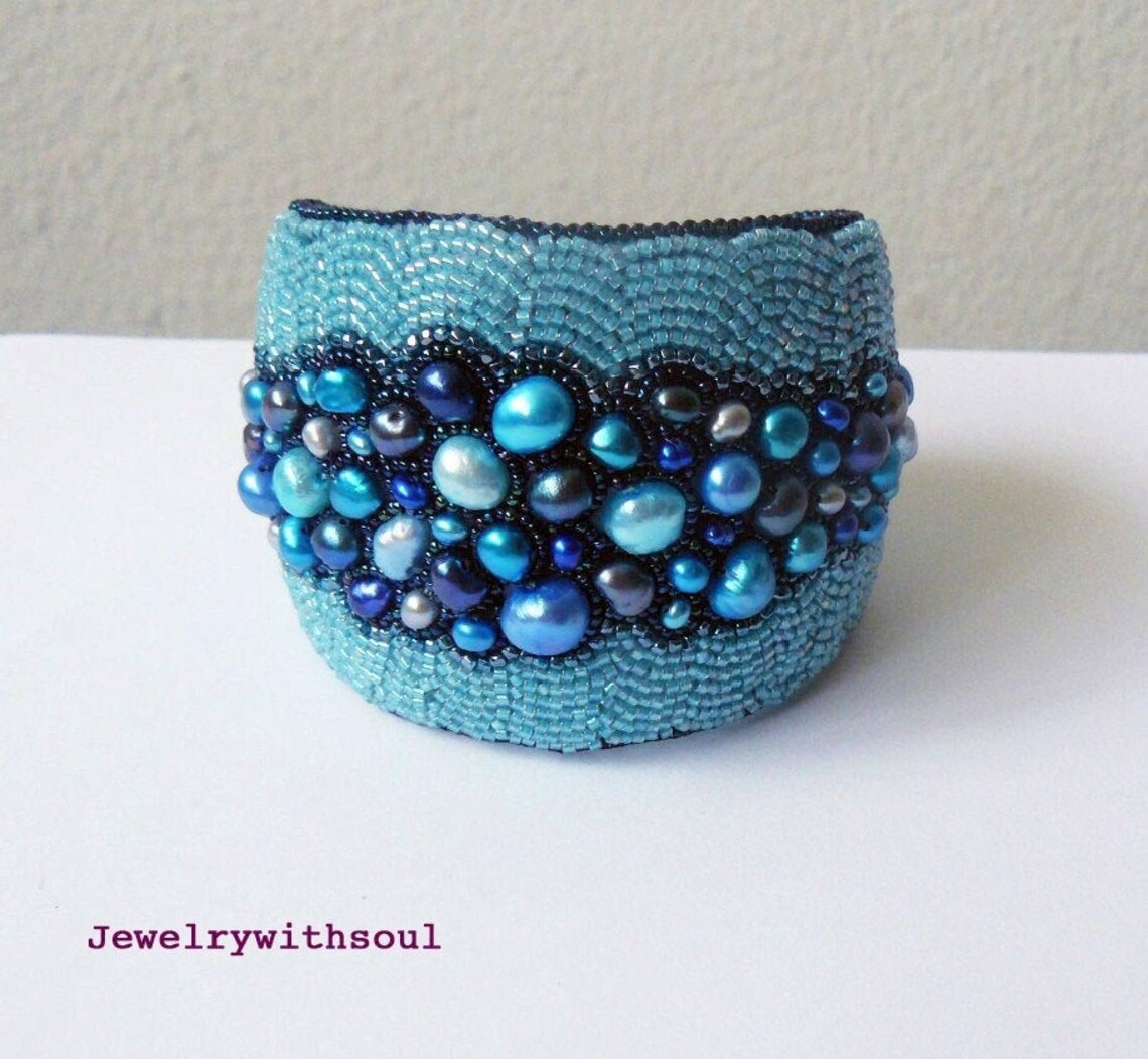 Bead Embroidery Cuff Bracelet Blue Freshwater Pearl Cuff - Etsy