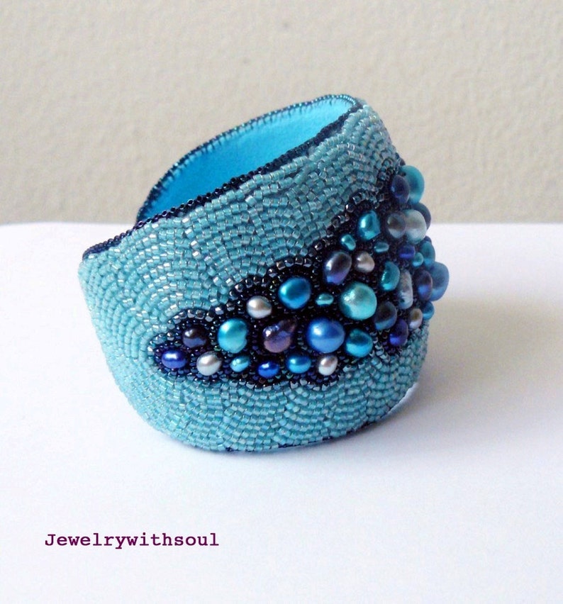 Bead Embroidery Cuff Bracelet Blue Freshwater Pearl Cuff - Etsy